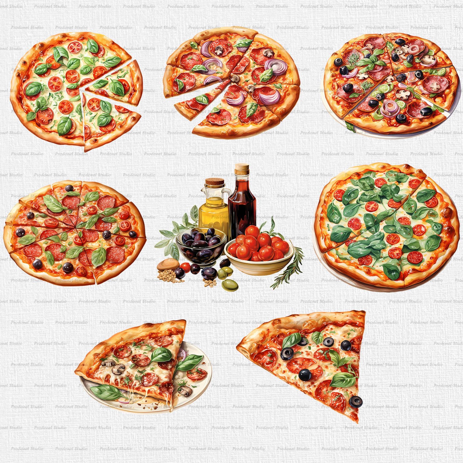 Watercolor Pizza PNG Clipart Bundle, Food Clipart, Italian Food PNG ...