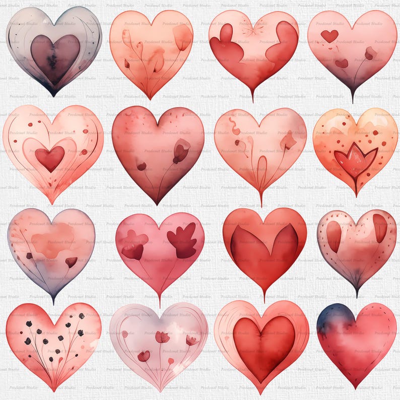 Watercolor Hearts PNG Clipart Bundle, Valentine’s Day Heart Clipart ...