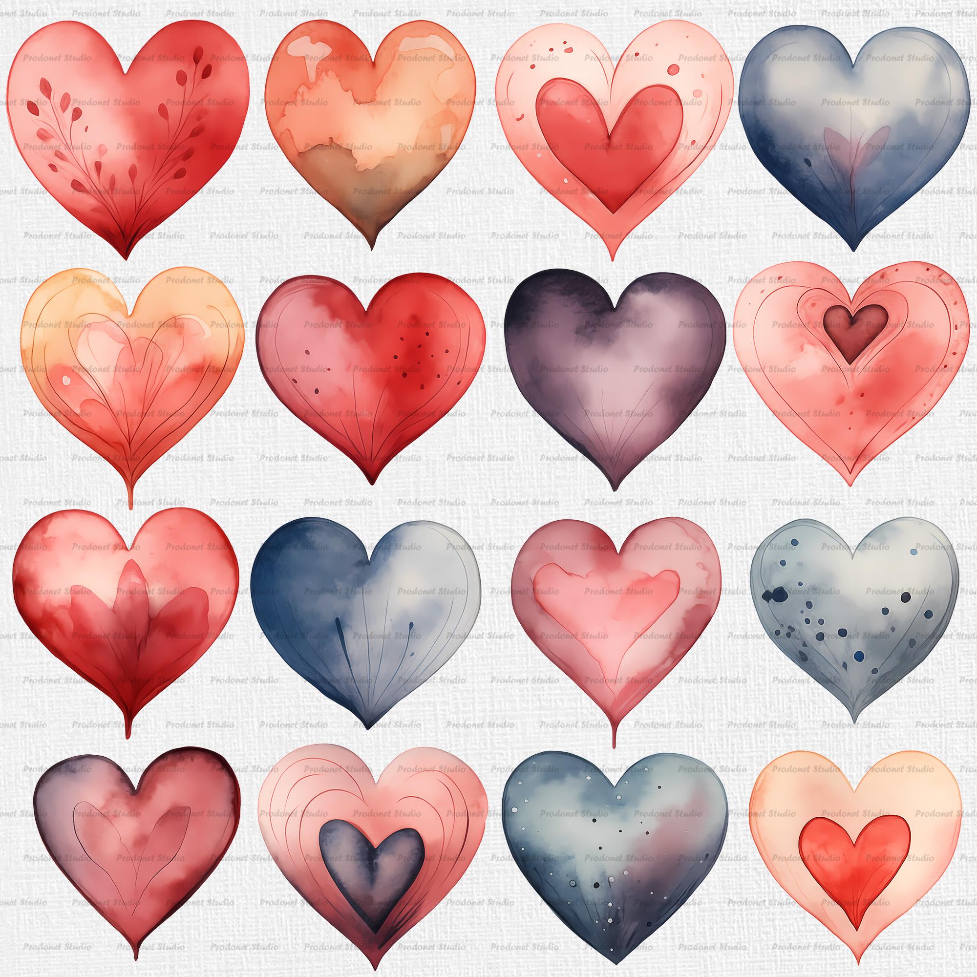 Watercolor Hearts PNG Clipart Bundle, Valentine’s Day Heart Clipart ...