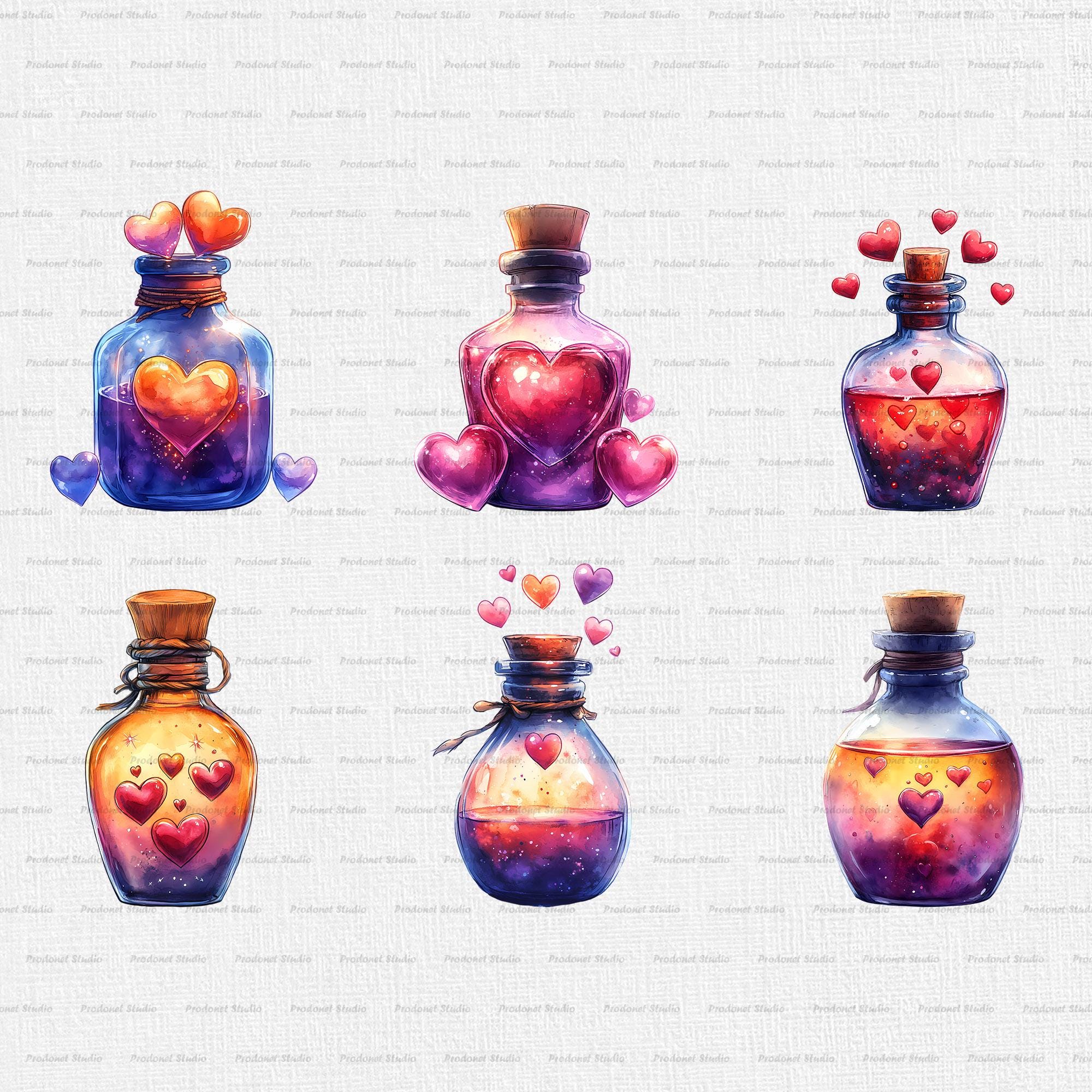 Watercolor Valentine’s Day Love Potion Bottle PNG Clipart Bundle, Love ...