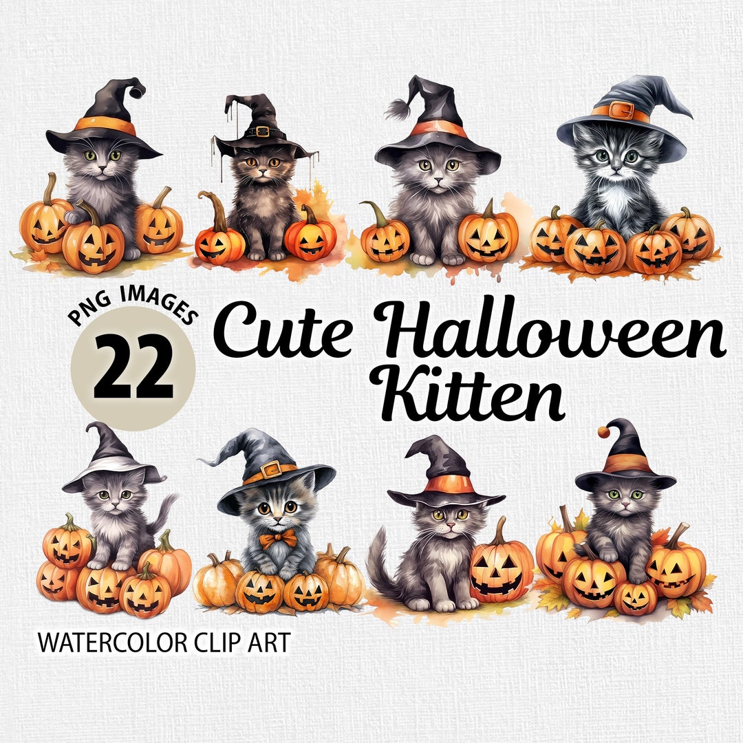 Cute Halloween Kitten Clipart, Watercolor Halloween PNG, Halloween Cat ...