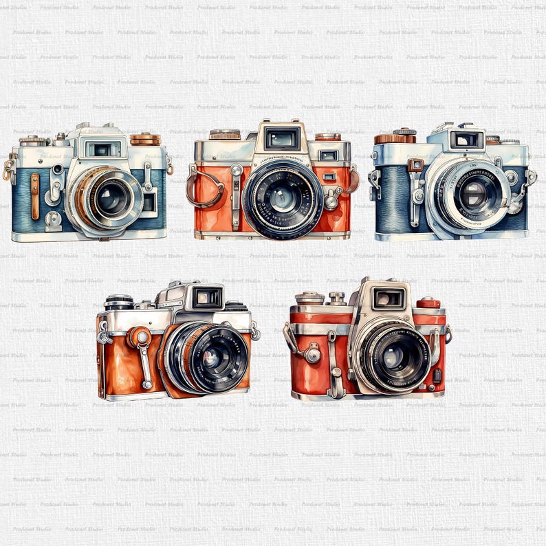 Watercolor Vintage Camera PNG Clipart Bundle, Watercolor Retro Camera ...
