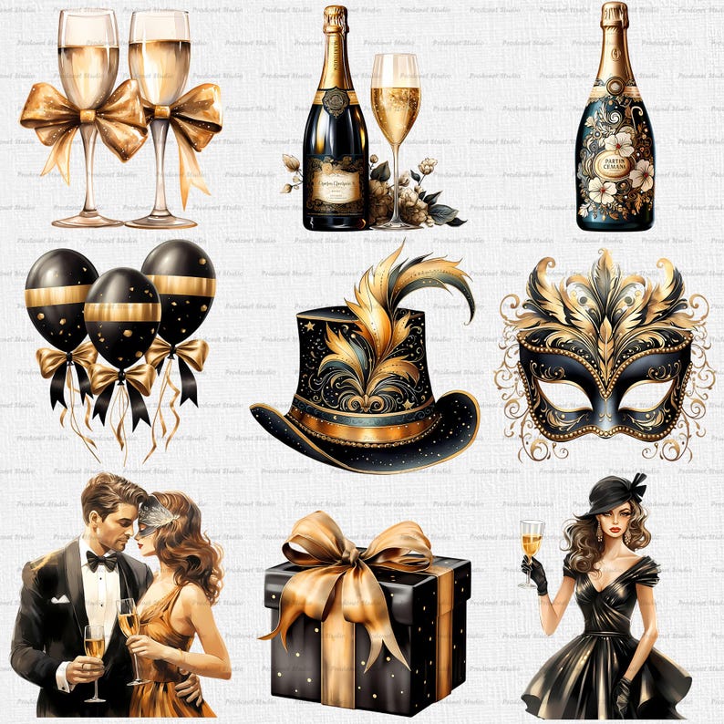 Watercolor New Year's Eve PNG Clipart Bundle, New Year Party, Sparkling ...