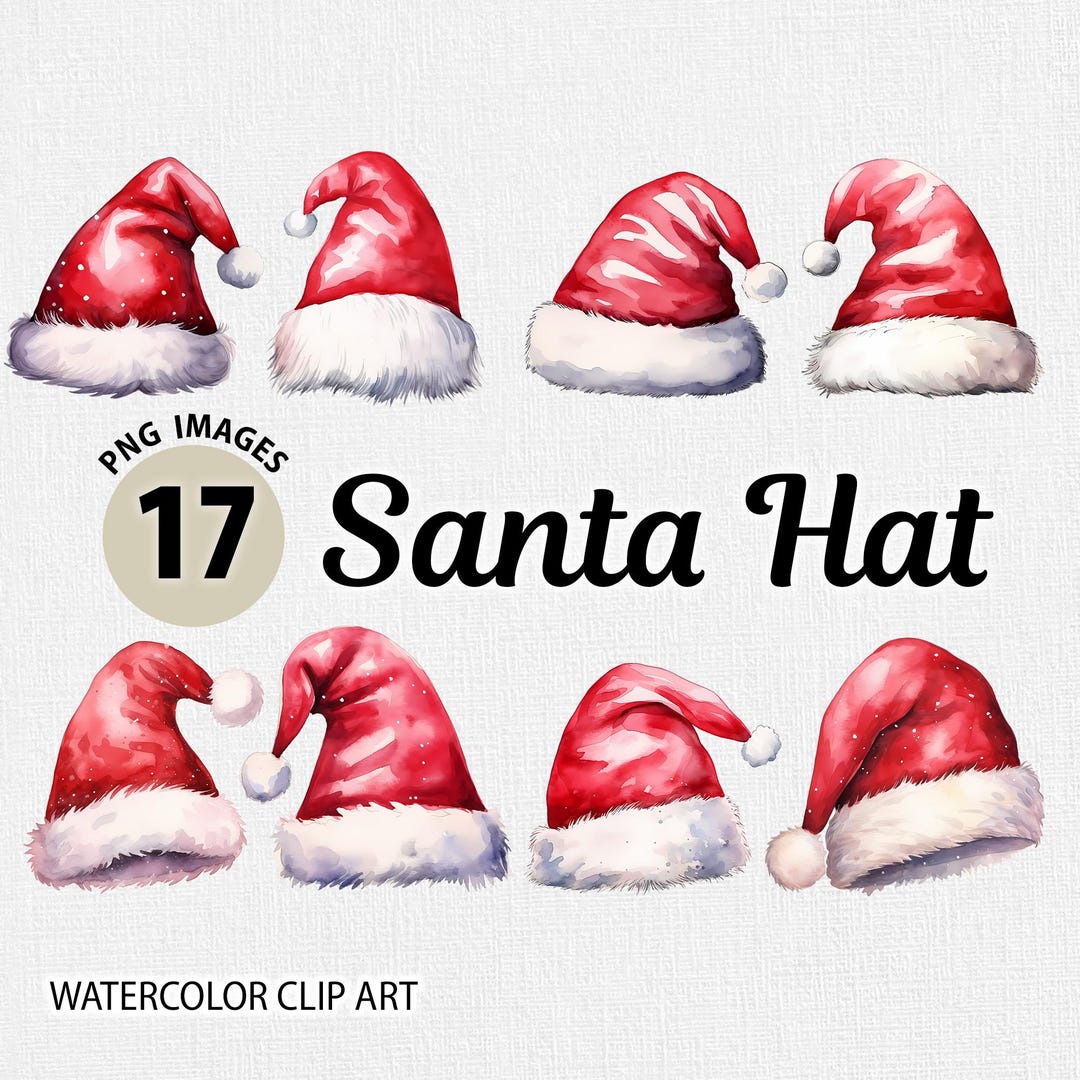 Watercolor Christmas Santa Claus Hat PNG Bundle, Christmas Santa Hat ...