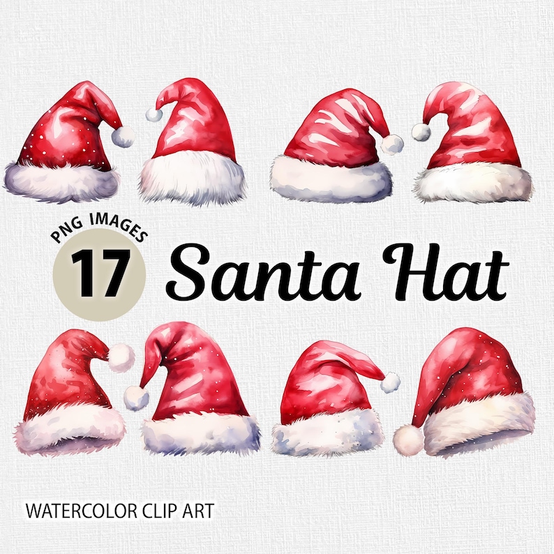 Watercolor Christmas Santa Claus Hat PNG Bundle, Christmas Santa Hat ...