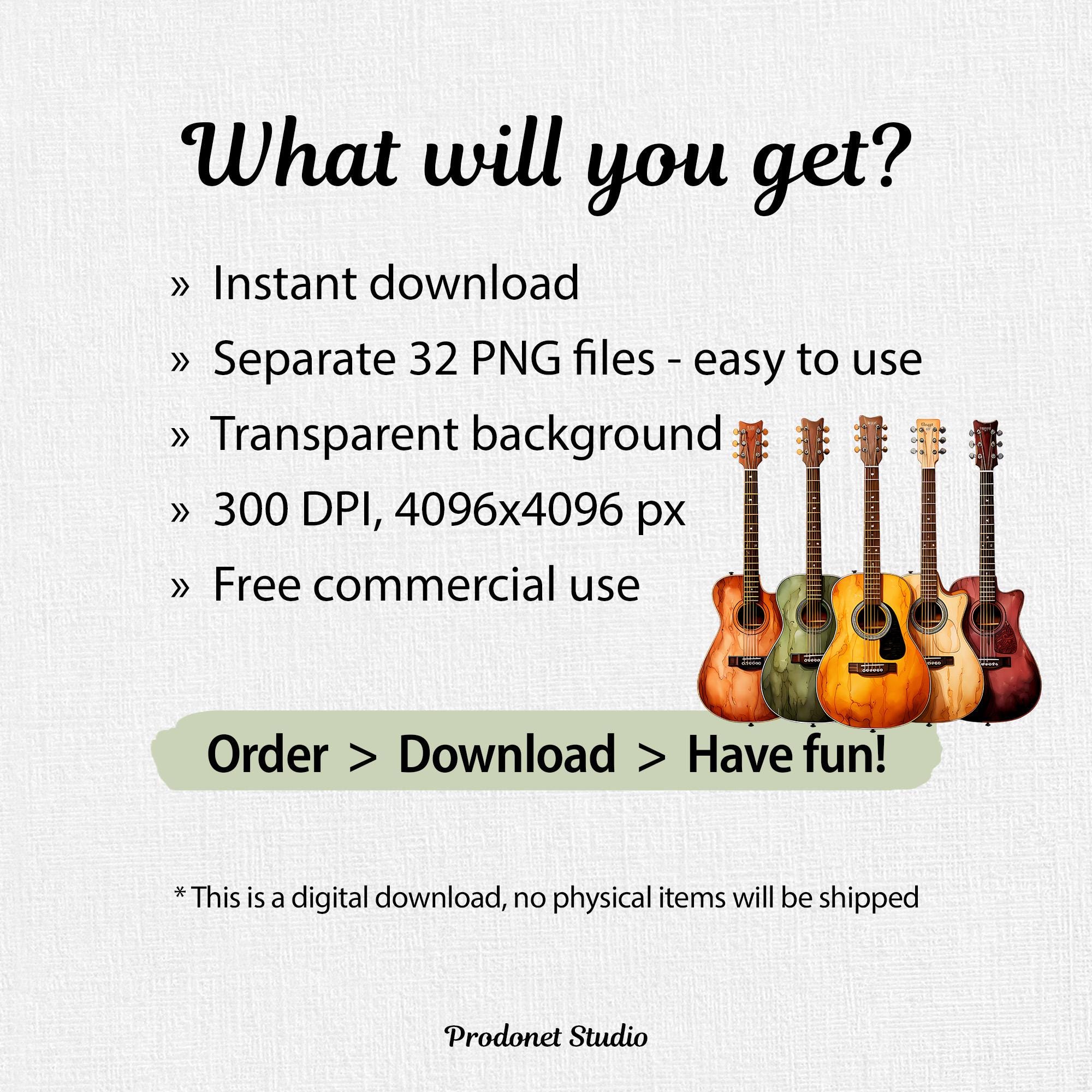 Watercolor Acoustic Guitar PNG Clipart Bundle, Watercolor Music Clipart ...
