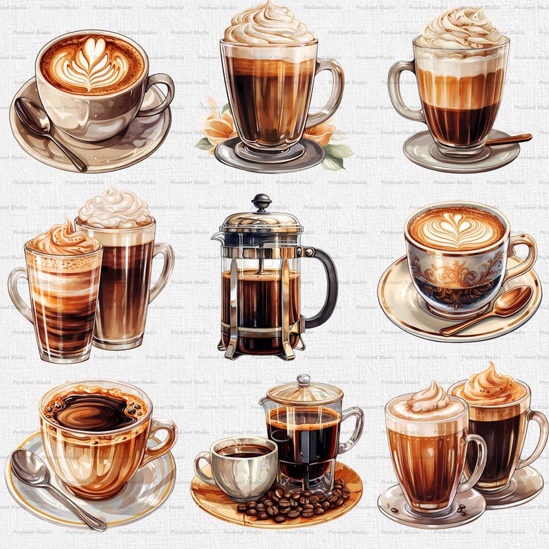 Watercolor Coffee PNG Bundle, Watercolor Coffee Clipart, Coffee Cup ...