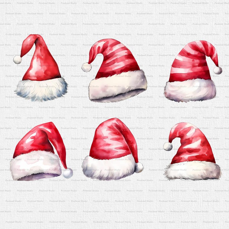 Watercolor Christmas Santa Claus Hat PNG Bundle, Christmas Santa Hat ...