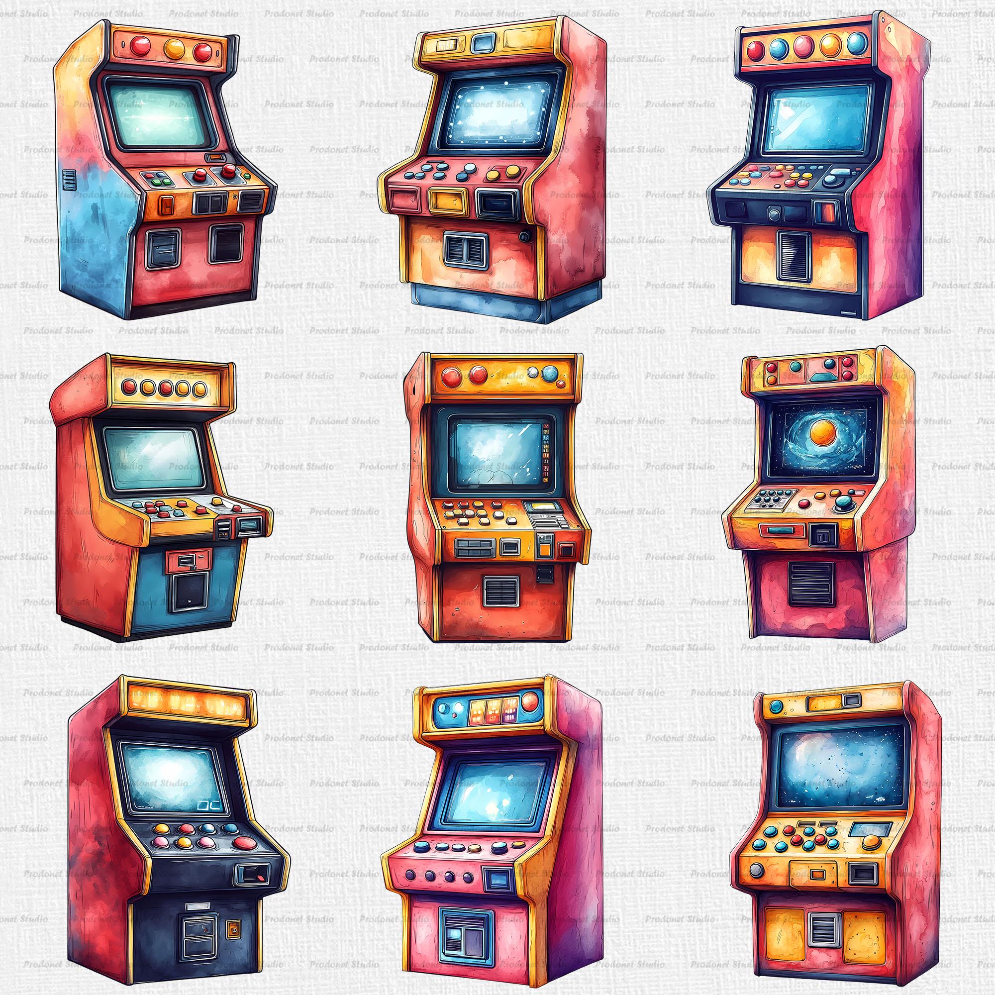 Watercolor Arcade Machine PNG Clipart Bundle, Watercolor Retro Arcade ...