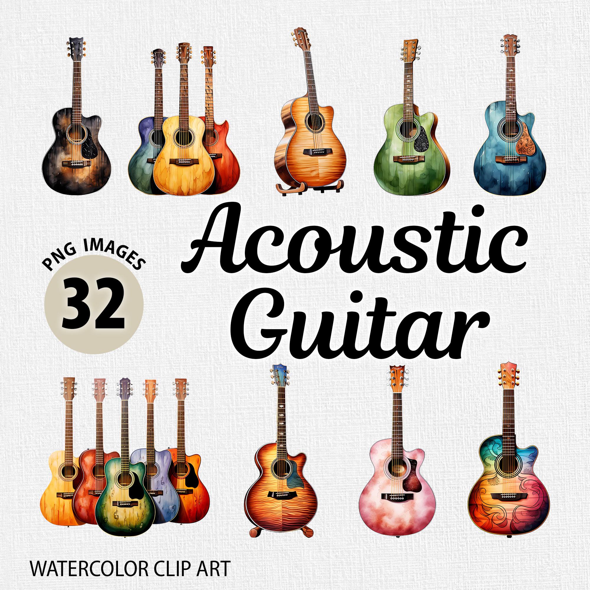 Watercolor Acoustic Guitar PNG Clipart Bundle, Watercolor Music Clipart ...