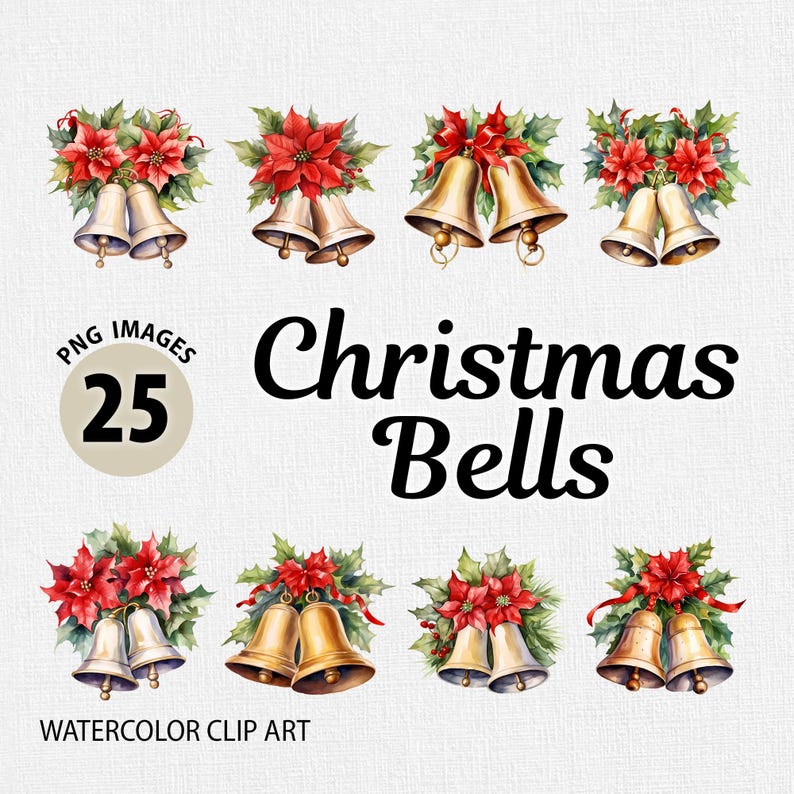 Watercolor Christmas Bells PNG Clipart Bundle, Holly Wreath PNG ...