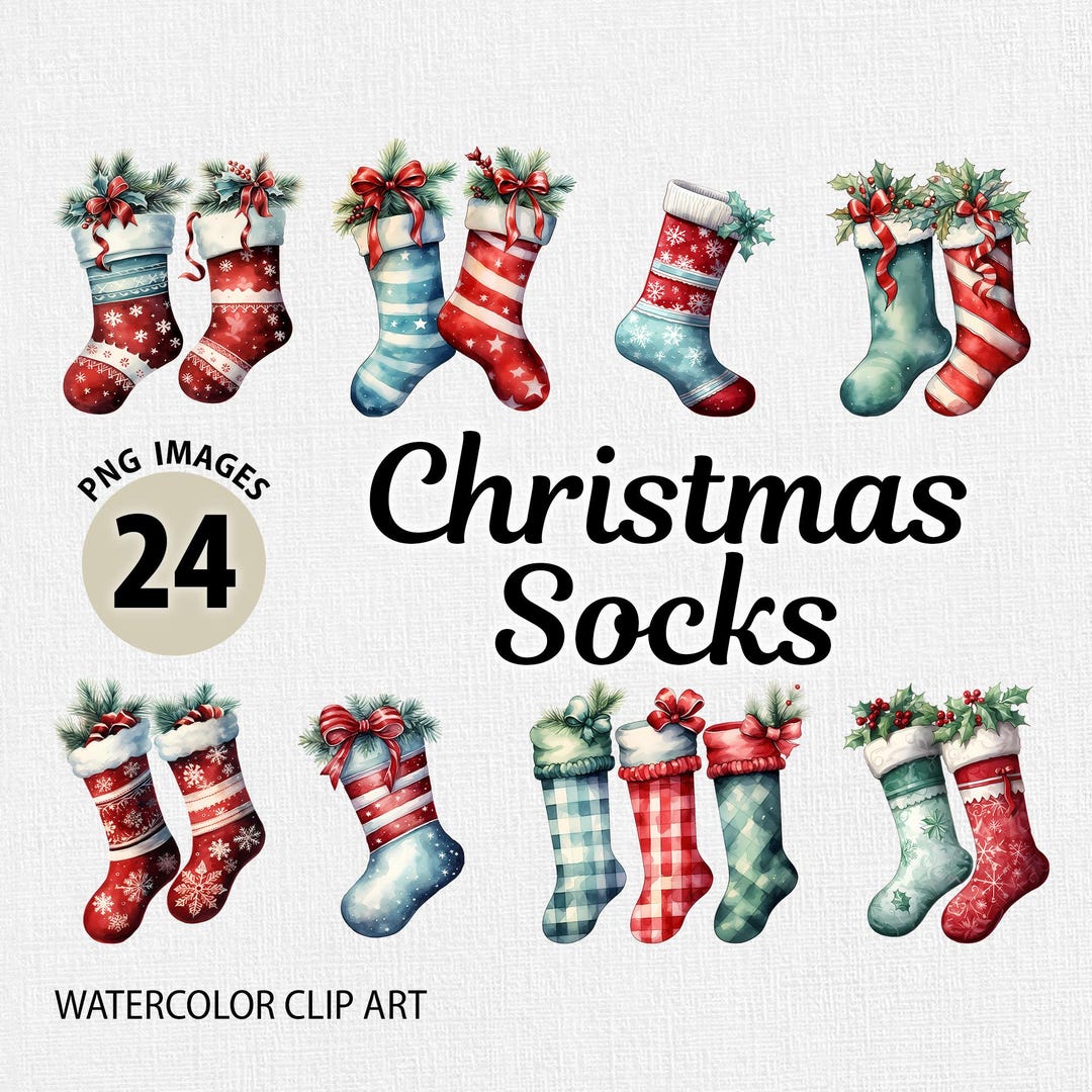 Watercolor Christmas Socks PNG Bundle, Transparent Background, DIY ...