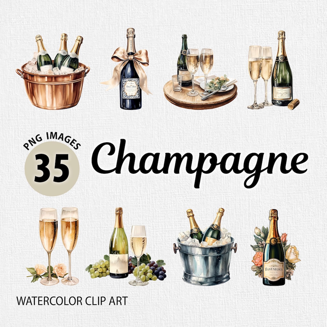 Watercolor Champagne PNG Clipart Bundle, New Year's Party Clipart ...