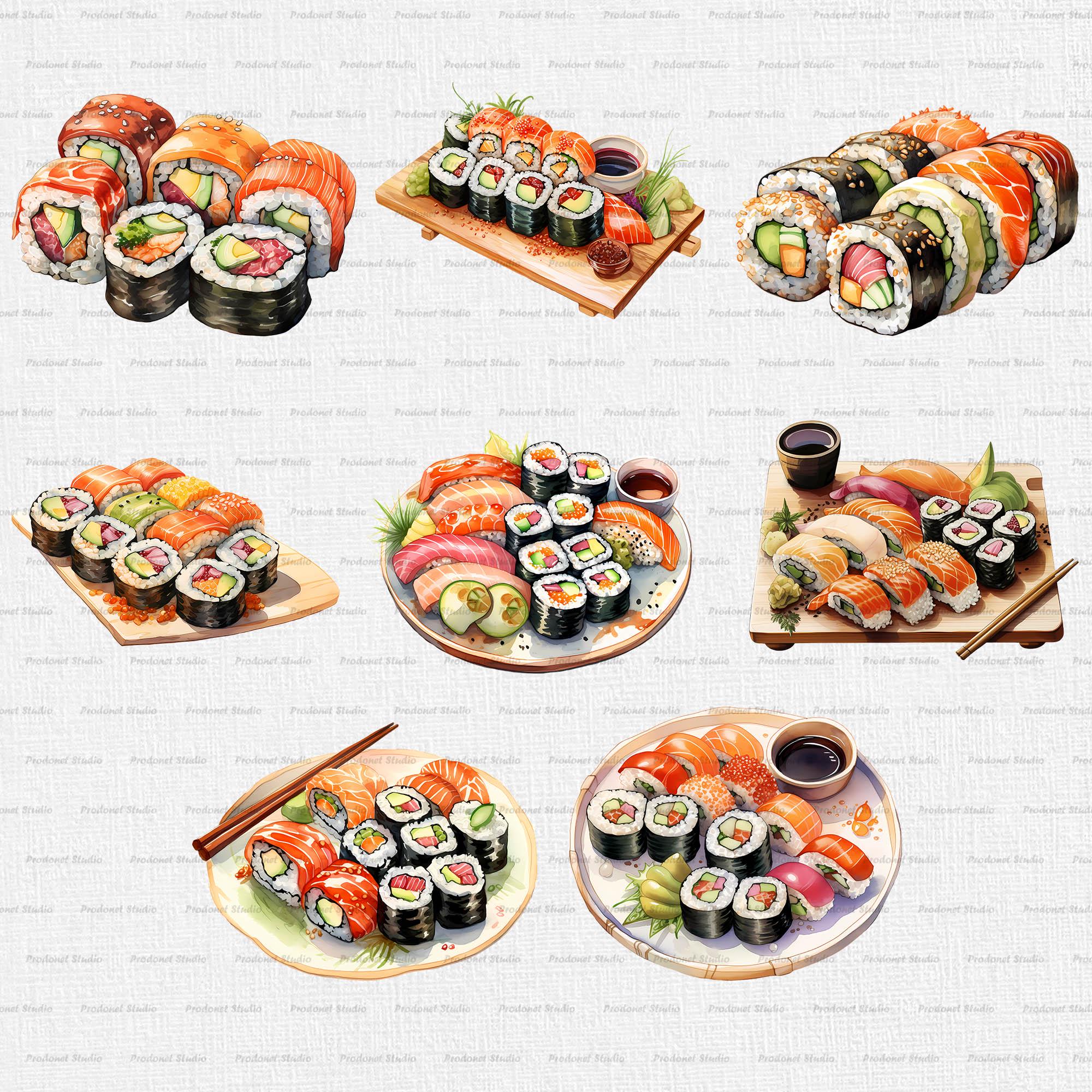 Watercolor Sushi PNG Clipart Bundle, Food Clipart, Japanese Food PNG ...