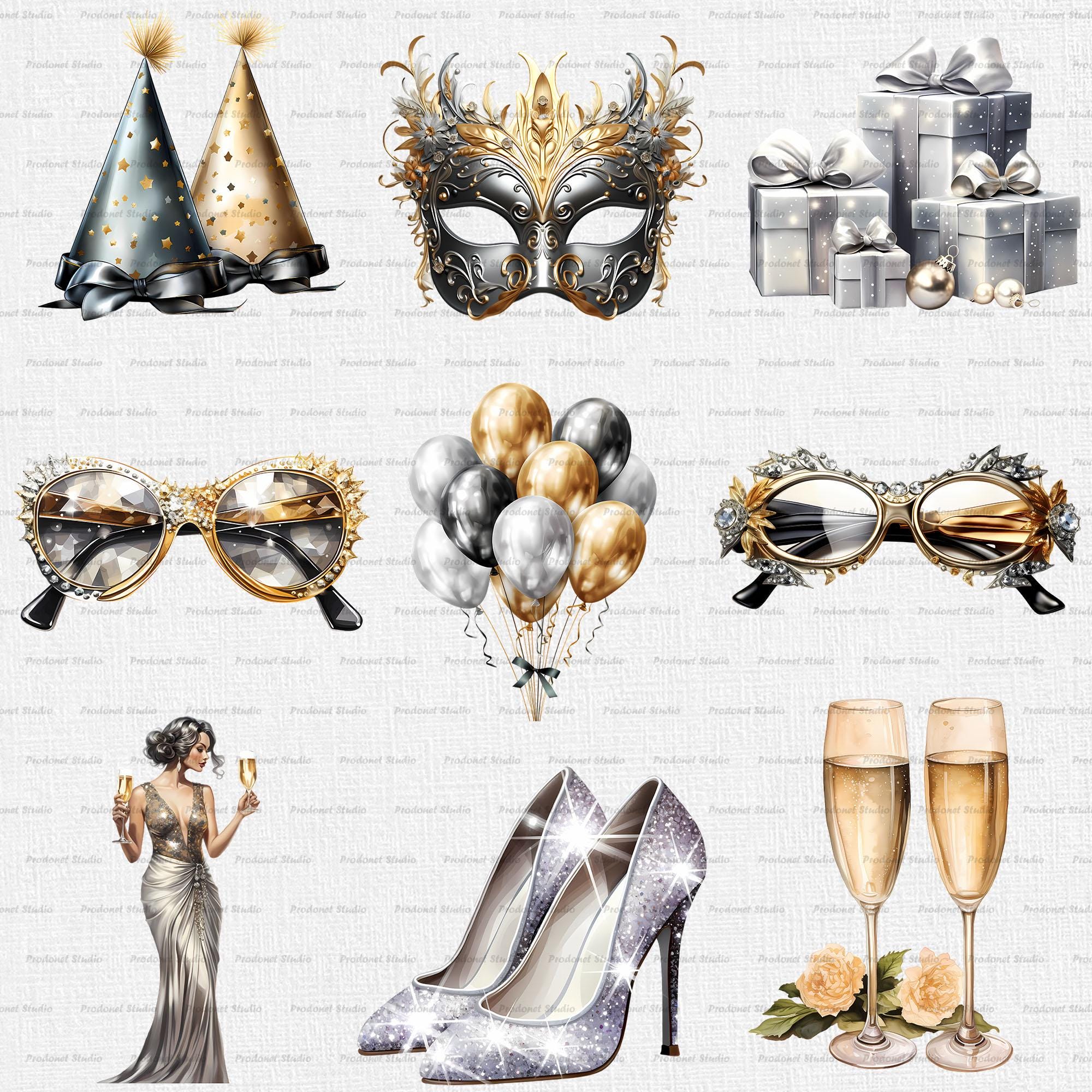 Watercolor New Year's Eve PNG Clipart Bundle, New Year Party, Sparkling ...