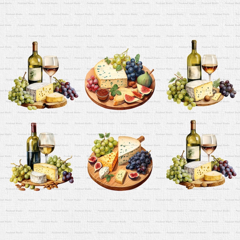 Watercolor Wine and Cheese PNG Clipart Bundle, Food Clipart, Cheese PNG ...