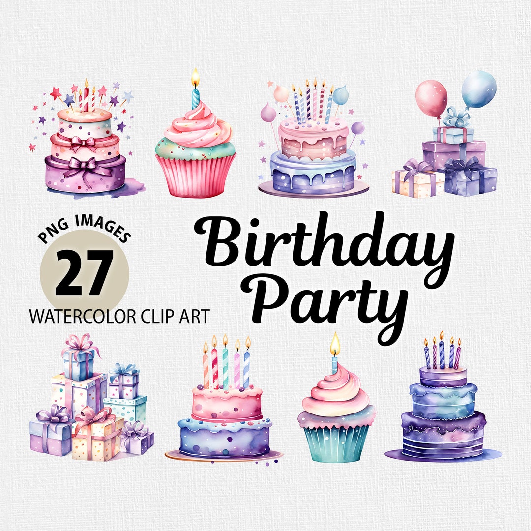 Watercolor Birthday PNG Clipart Bundle | Cakes, Gift Boxes, Cupcakes ...