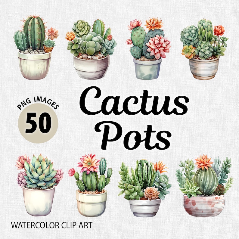 Watercolor Cactus Pot PNG Clipart Bundle, Watercolor Succulent PNG ...