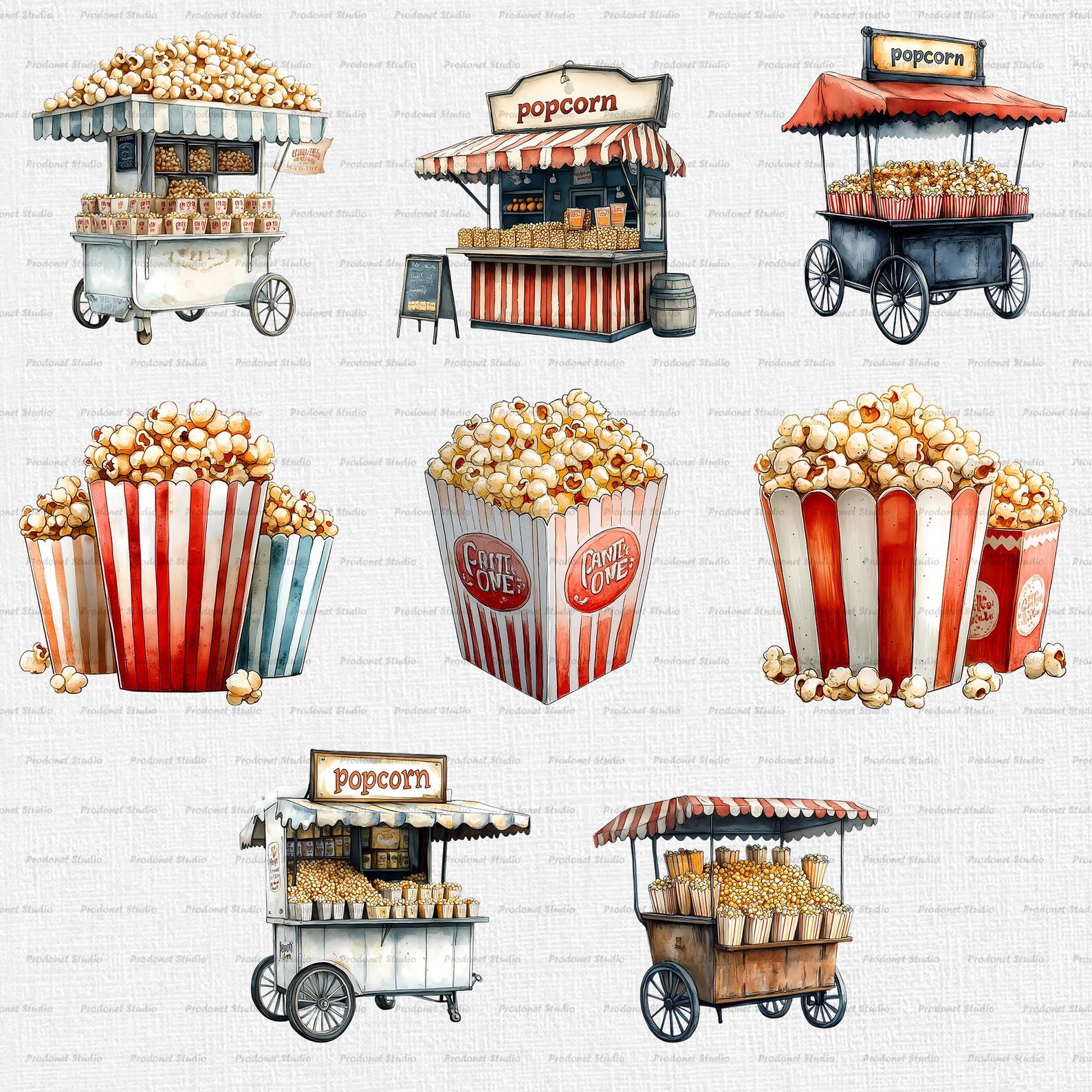 Watercolor Popcorn Stand PNG Clipart Bundle, Food Clipart, Popcorn PNG ...