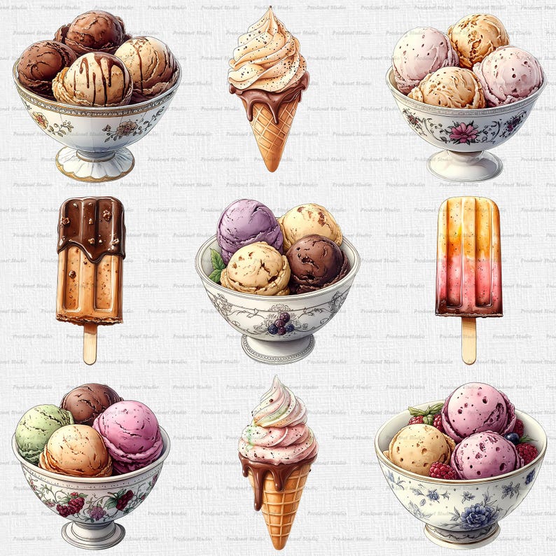 Watercolor Ice Cream PNG Clipart Bundle, Dessert PNG Clipart, Sweets ...