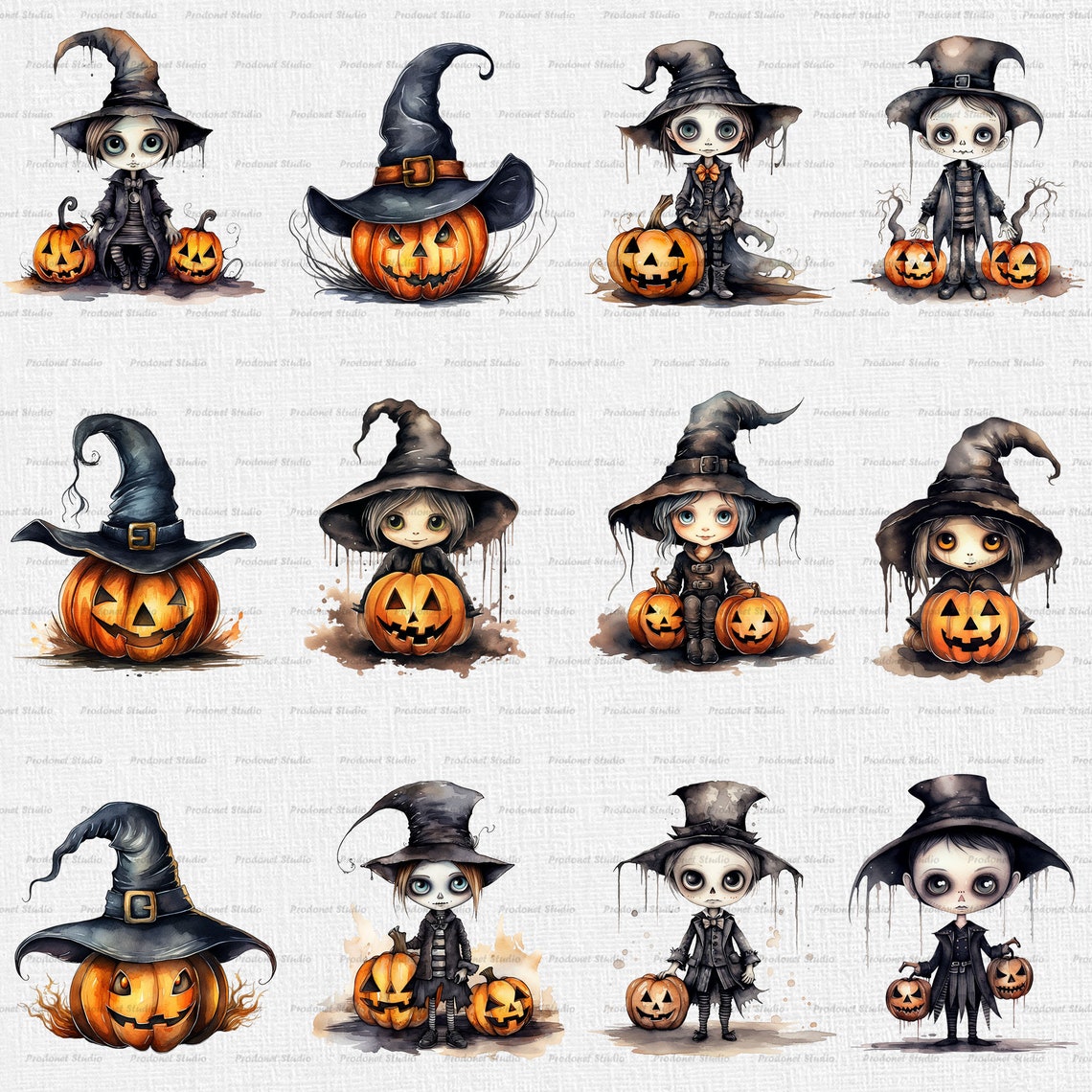Watercolor Cute Halloween Characters PNG Bundle, Transparent Background ...