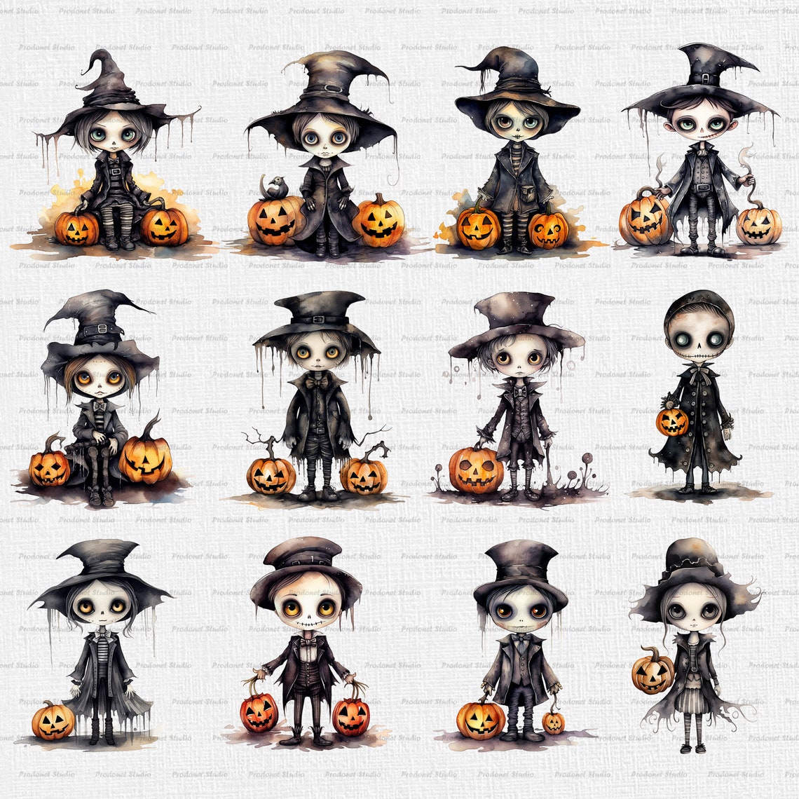 Watercolor Cute Halloween Characters PNG Bundle, Transparent Background ...