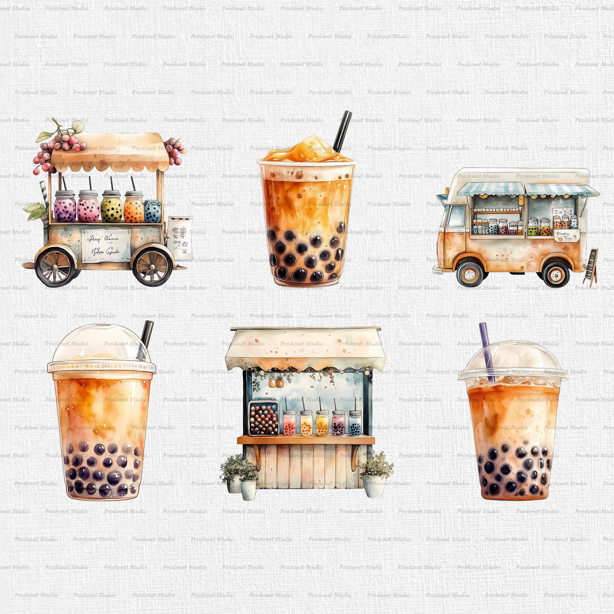 Watercolor Bubble Tea Stand PNG Clipart Bundle, Food Clipart, Boba Tea ...