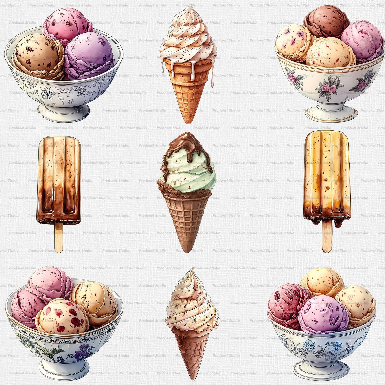 Watercolor Ice Cream PNG Clipart Bundle, Dessert PNG Clipart, Sweets ...