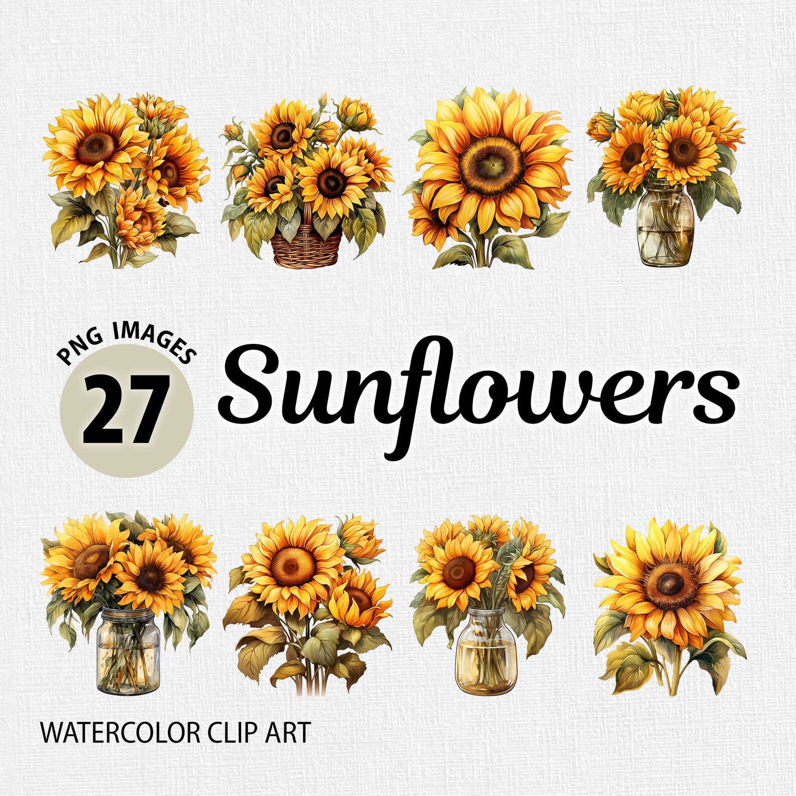 Watercolor Sunflower PNG Clipart Bundle, Sunflower Clipart, Floral ...