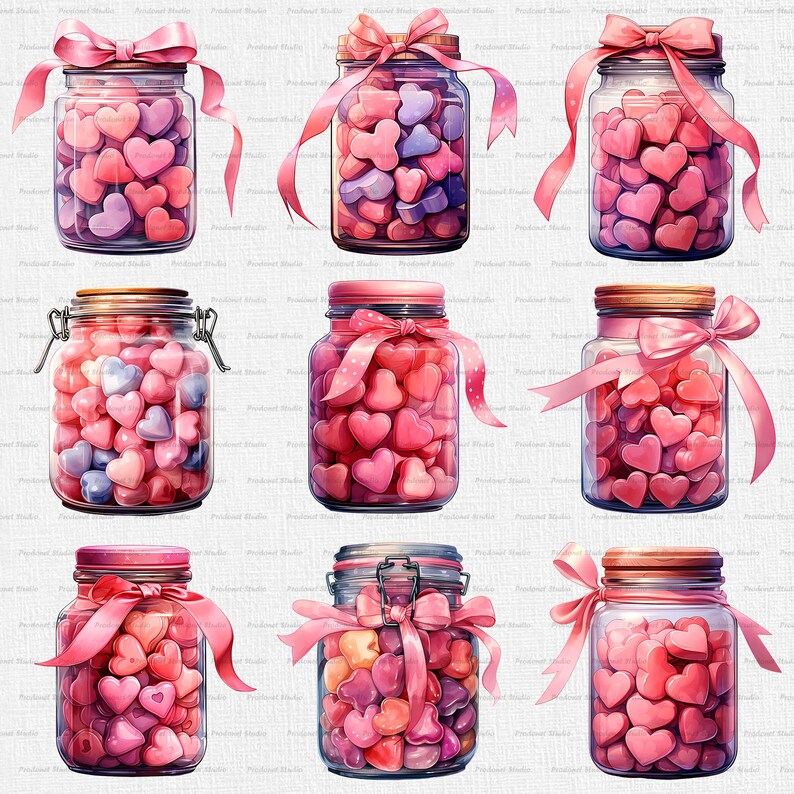 Watercolor Valentine’s Day Candy Jar PNG Clipart Bundle, Pink Candies ...