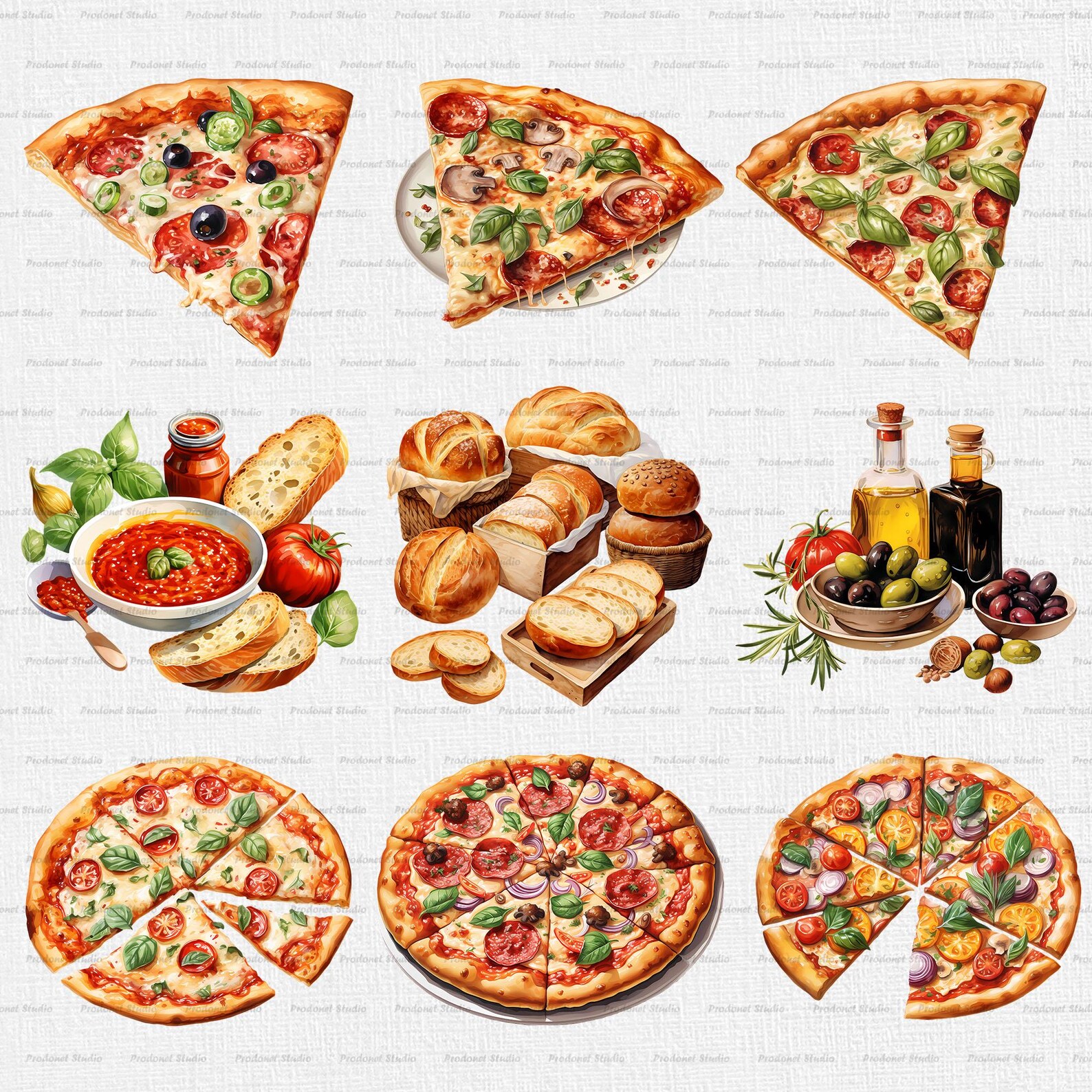 Watercolor Pizza PNG Clipart Bundle, Food Clipart, Italian Food PNG ...