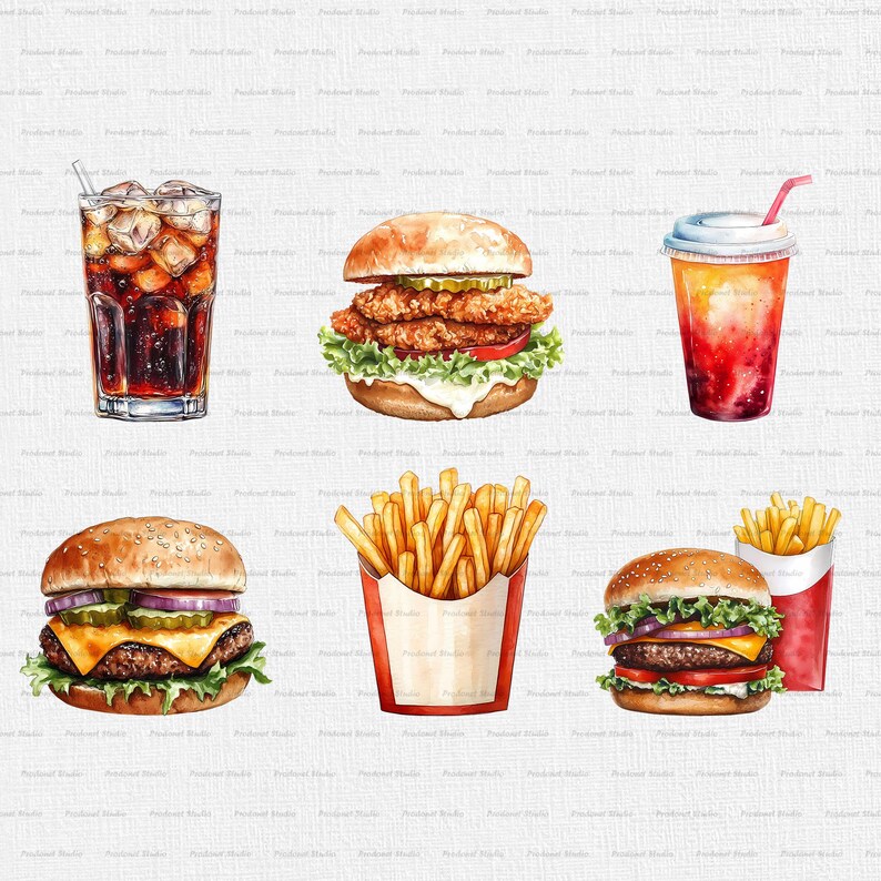 Watercolor Fast Food PNG Clipart Bundle, Fast Food Clipart, Burger PNG ...