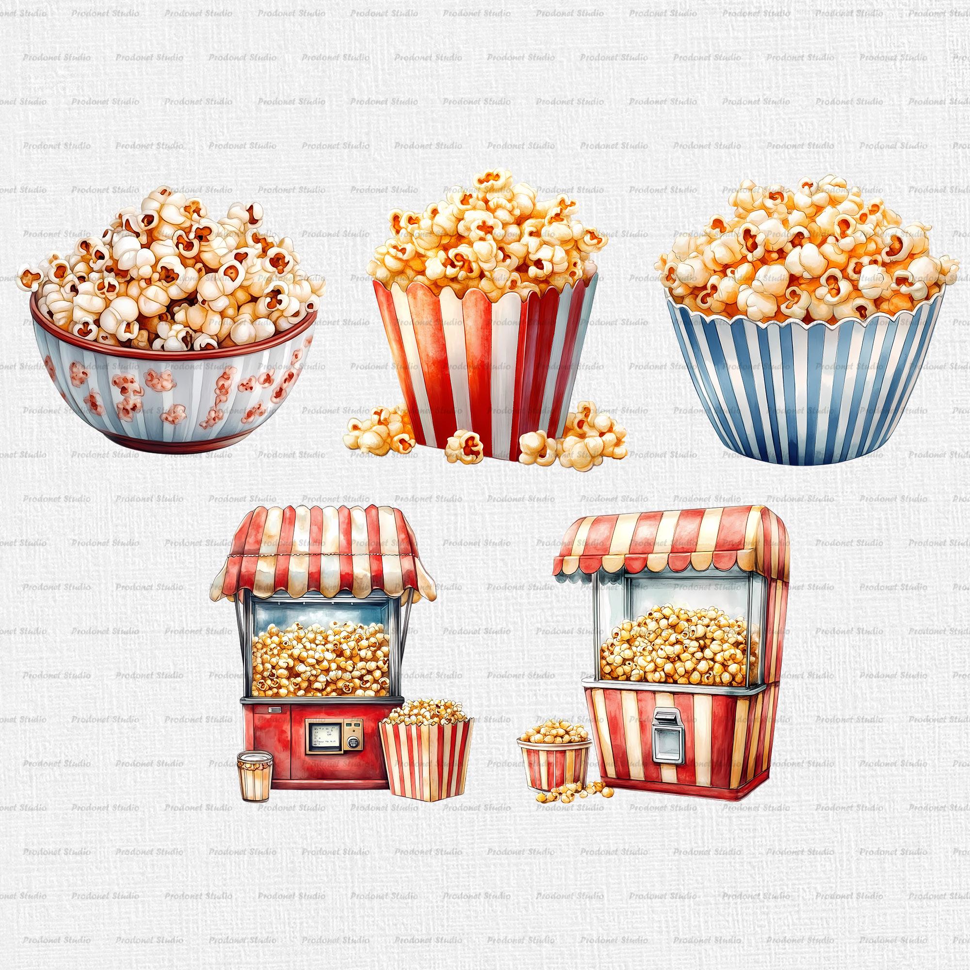 Watercolor Popcorn PNG Clipart Bundle, Food Clipart, Popcorn Night ...