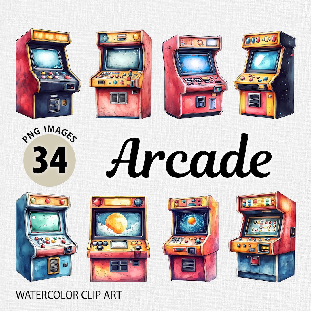 Watercolor Arcade Machine PNG Clipart Bundle, Watercolor Retro Arcade ...