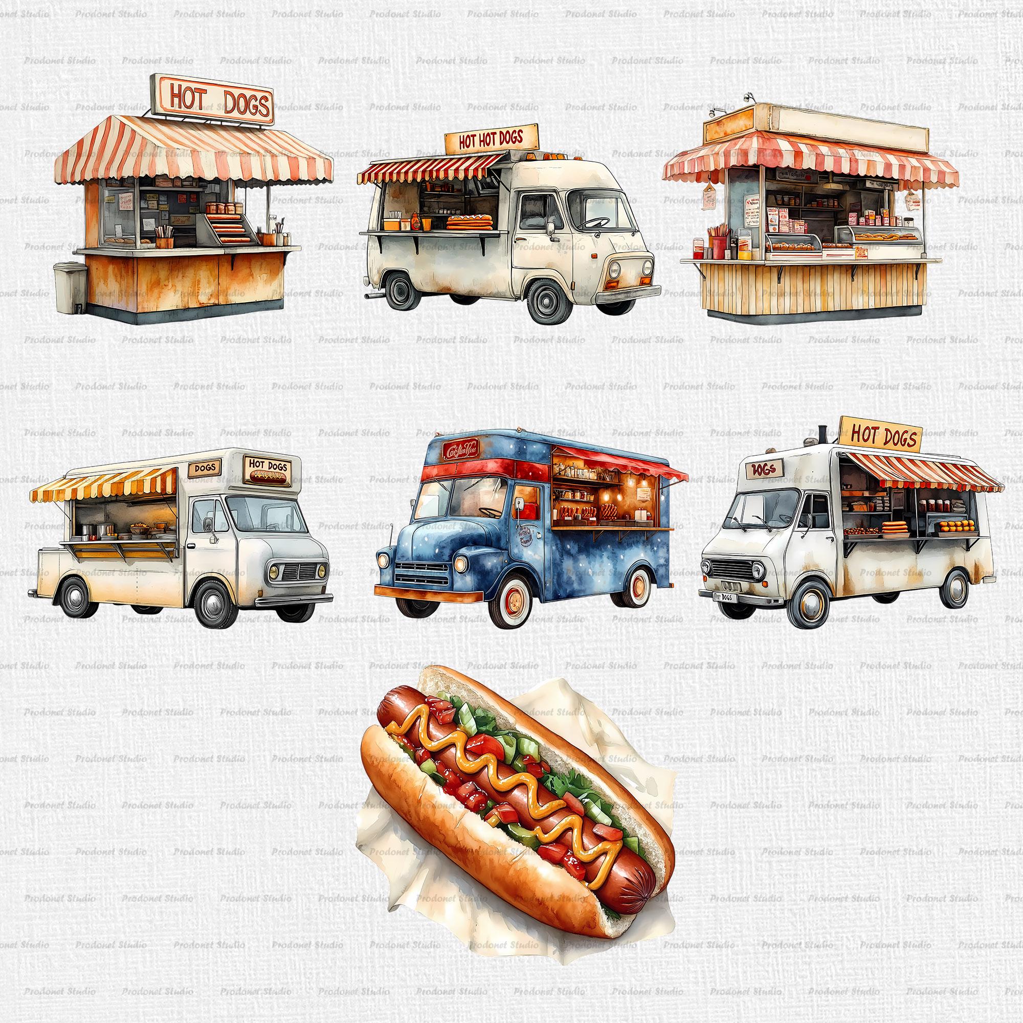 Watercolor Hot Dog Stand PNG Clipart Bundle, Food Clipart, Hot Dog PNG ...