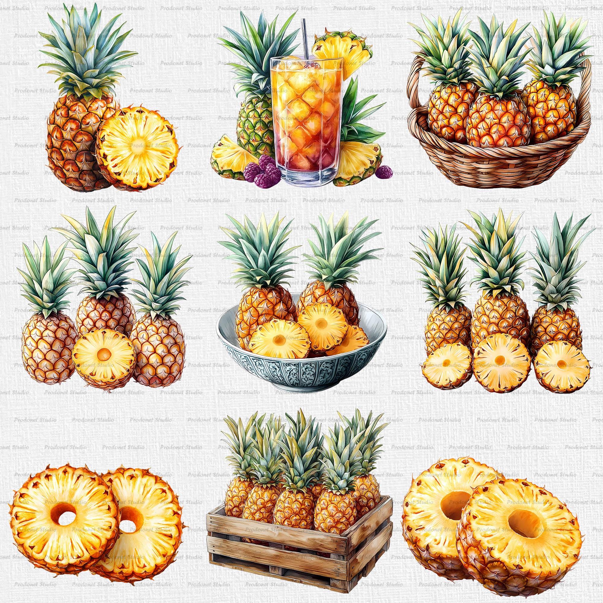 Watercolor Pineapple PNG Bundle, Pineapple Clipart, Pineapple Graphic ...