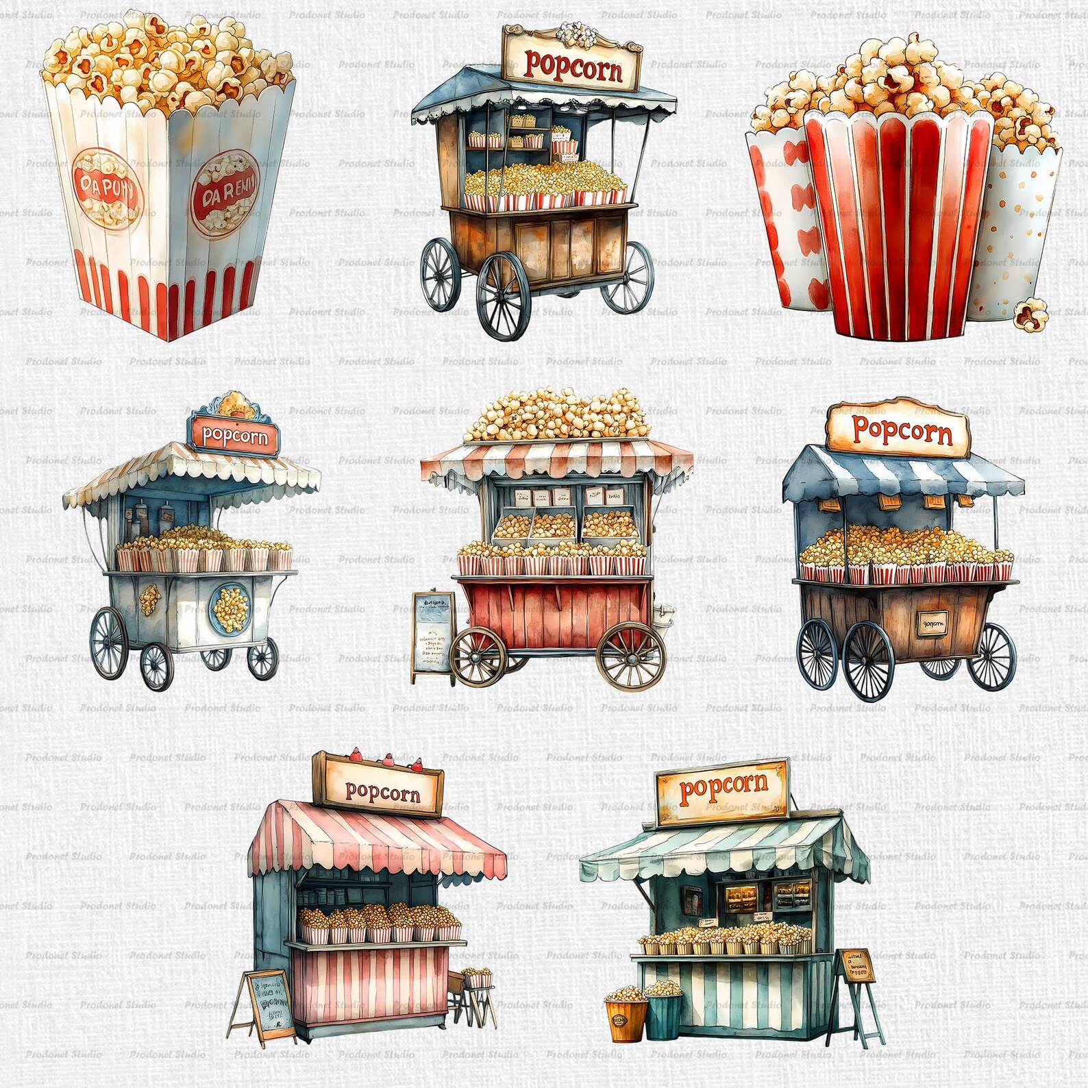 Watercolor Popcorn Stand PNG Clipart Bundle, Food Clipart, Popcorn PNG ...