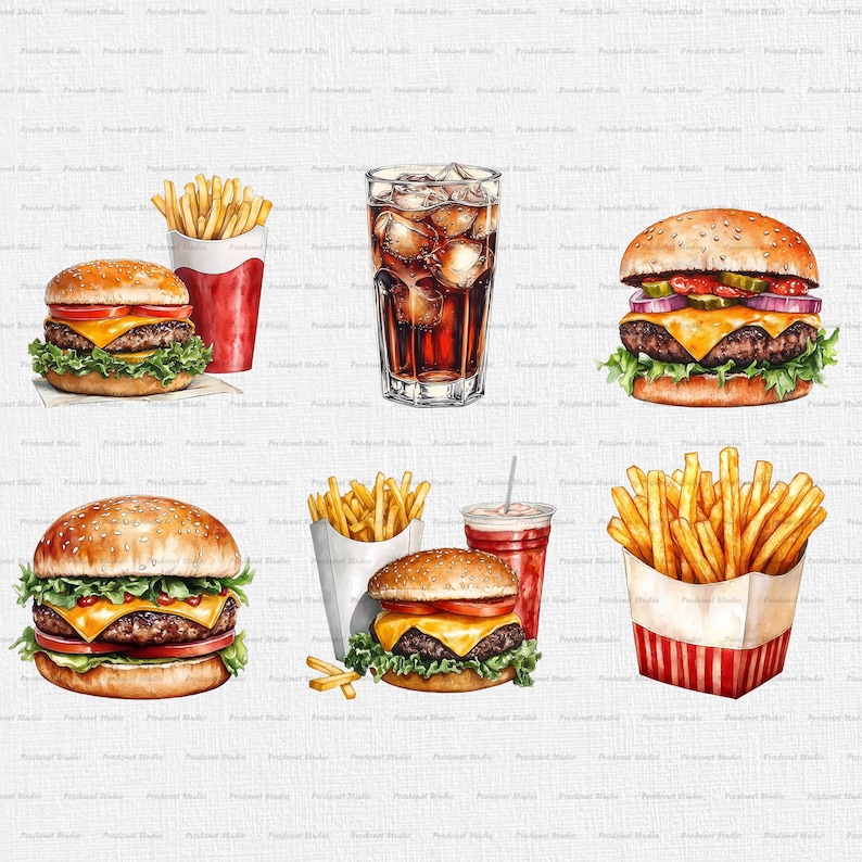 Watercolor Fast Food PNG Clipart Bundle, Fast Food Clipart, Burger PNG ...