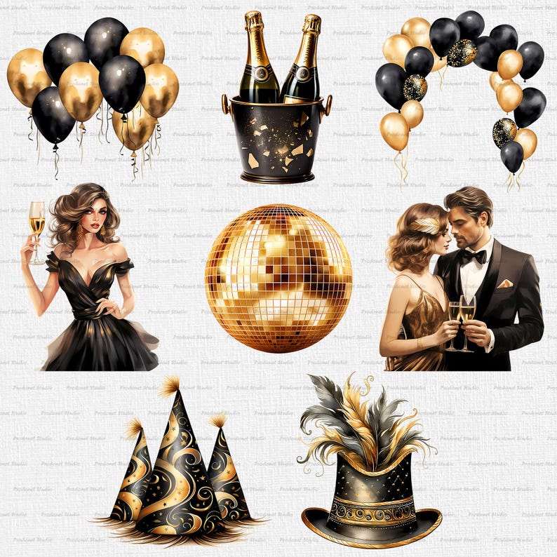 Watercolor New Year's Eve PNG Clipart Bundle, New Year Party, Sparkling ...