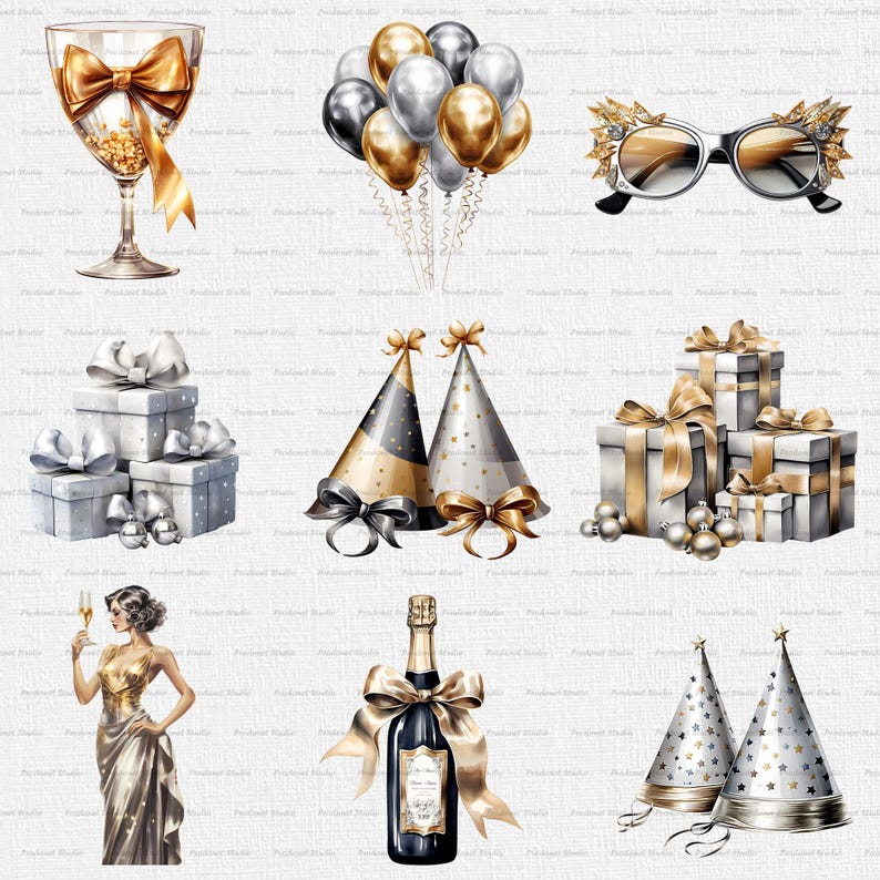 Watercolor New Year's Eve PNG Clipart Bundle, New Year Party, Sparkling ...