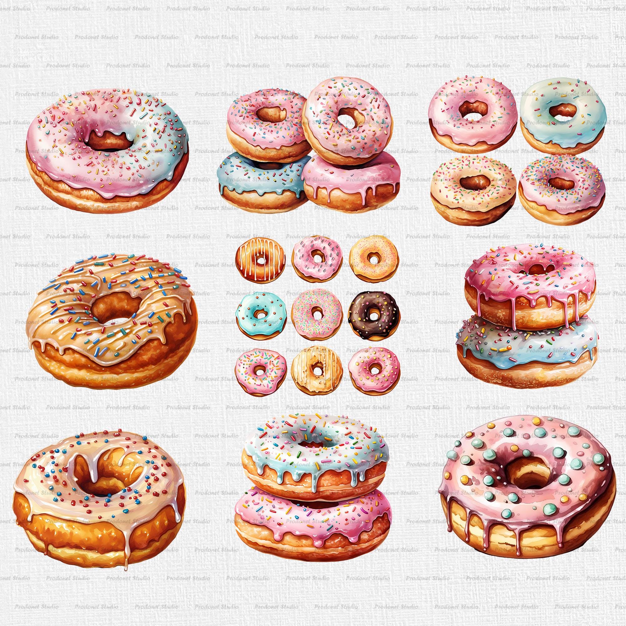 Donut Clipart Bundle, Watercolor Donut PNG Bundle, Dessert Clipart ...