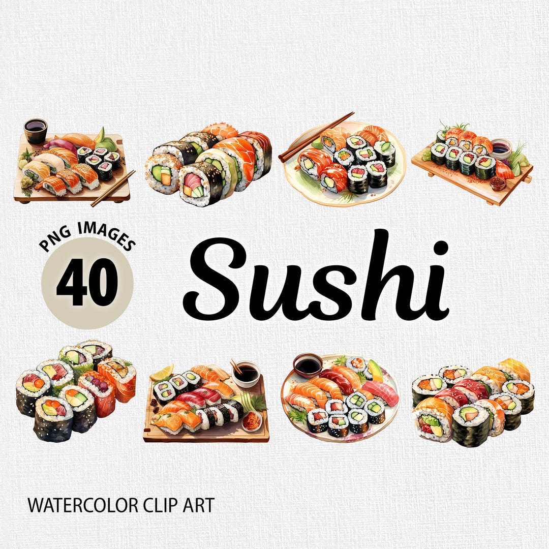 Watercolor Sushi PNG Clipart Bundle, Food Clipart, Japanese Food PNG ...