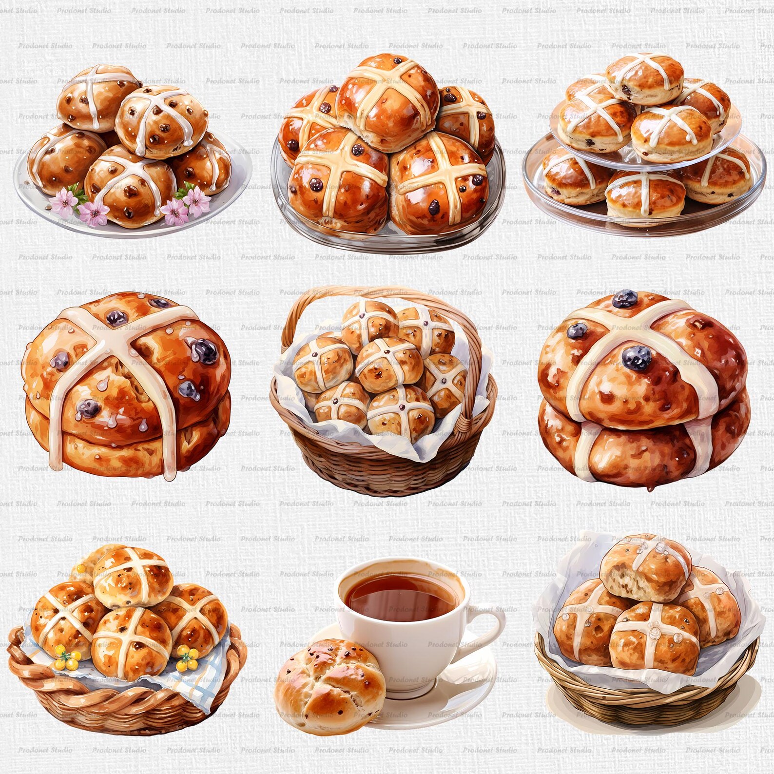 Watercolor Hot Cross Buns PNG Bundle, Easter Basket Clipart, Easter ...