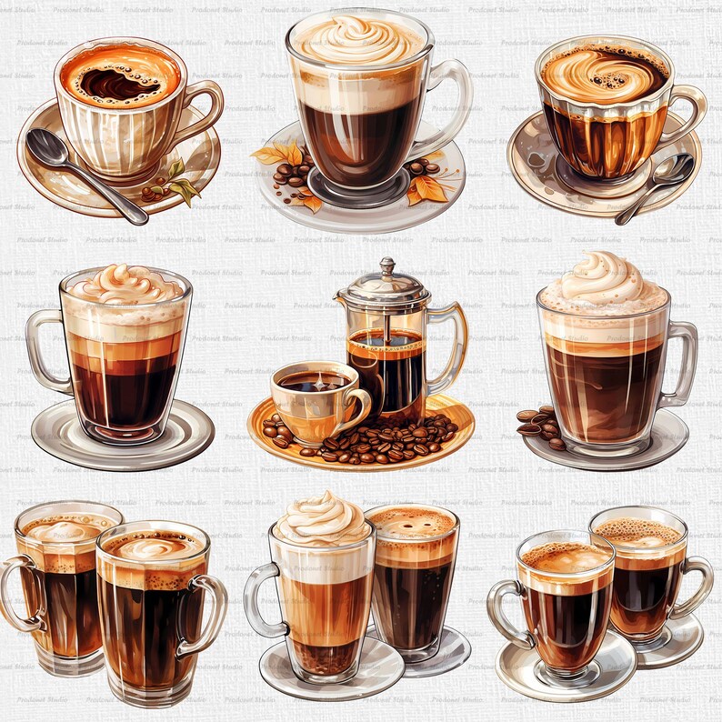 Watercolor Coffee PNG Bundle, Watercolor Coffee Clipart, Coffee Cup ...