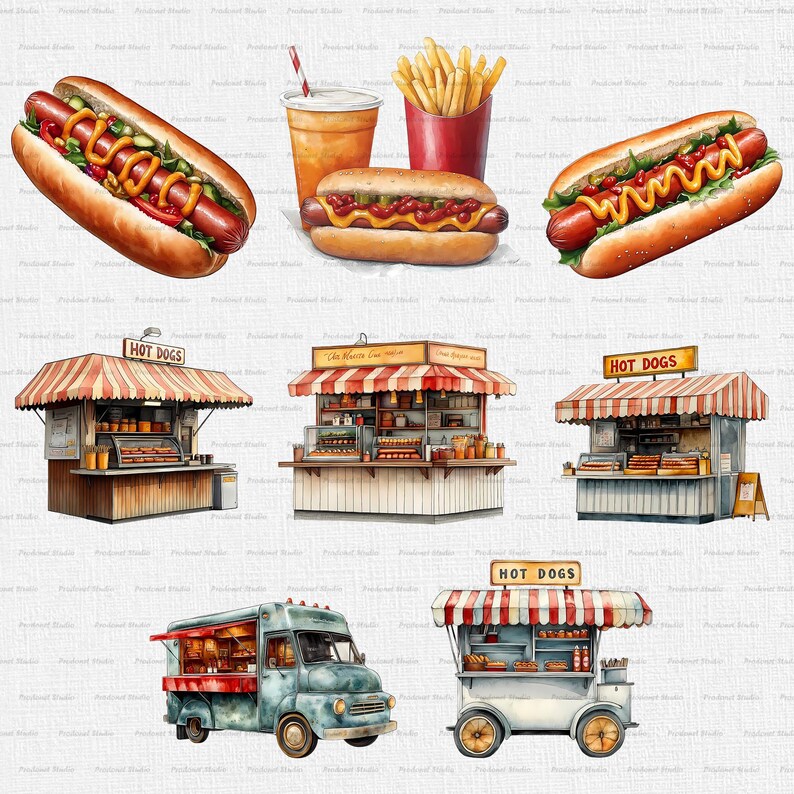 Watercolor Hot Dog Stand PNG Clipart Bundle, Food Clipart, Hot Dog PNG ...