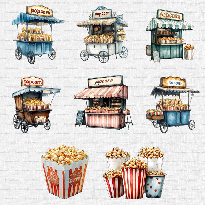 Watercolor Popcorn Stand PNG Clipart Bundle, Food Clipart, Popcorn PNG ...