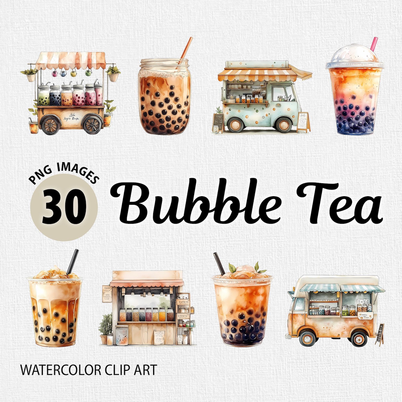 Watercolor Bubble Tea Stand PNG Clipart Bundle, Food Clipart, Boba Tea ...