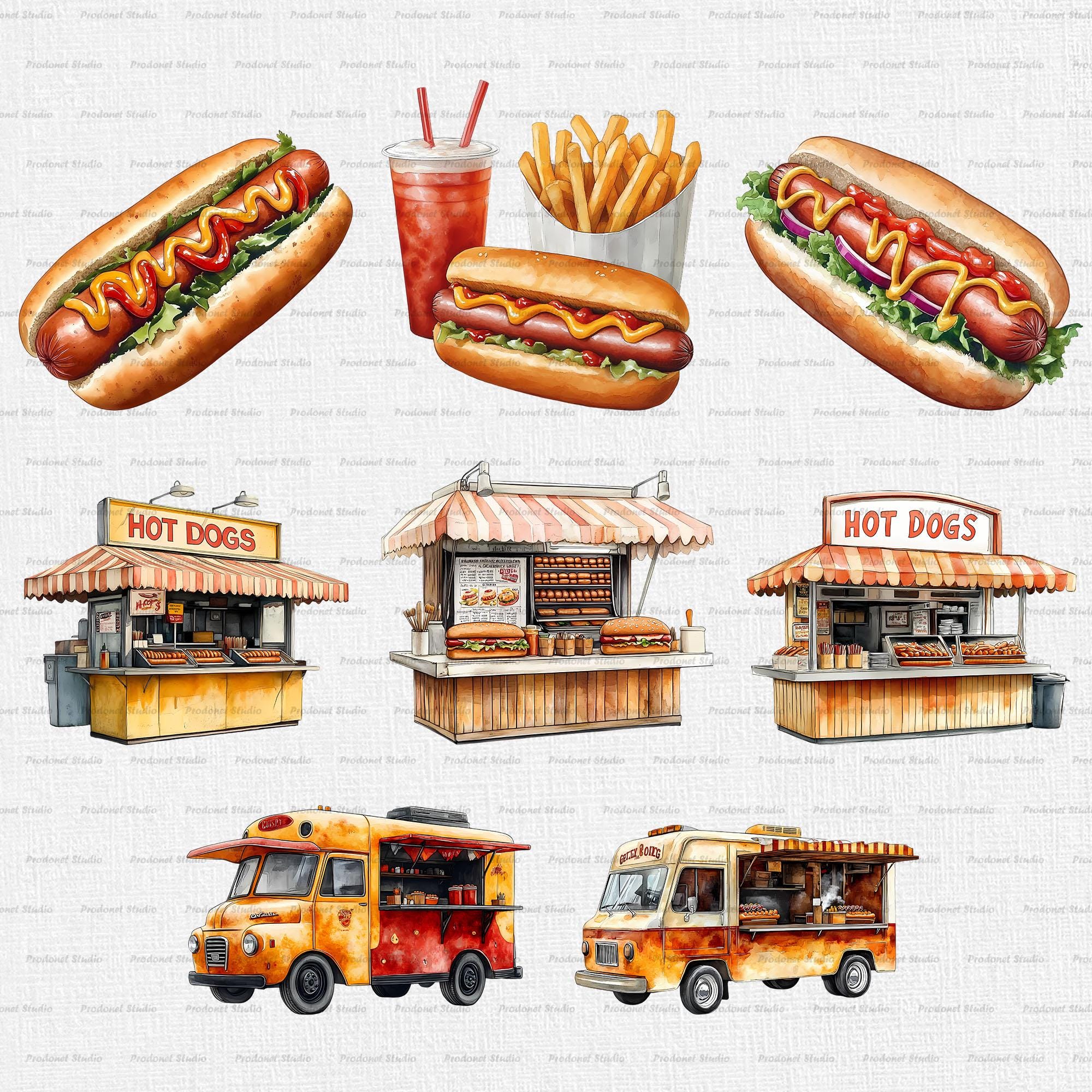 Watercolor Hot Dog Stand PNG Clipart Bundle, Food Clipart, Hot Dog PNG ...