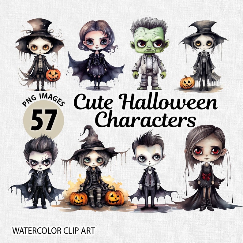 Watercolor Cute Halloween Characters PNG Bundle, Transparent Background ...