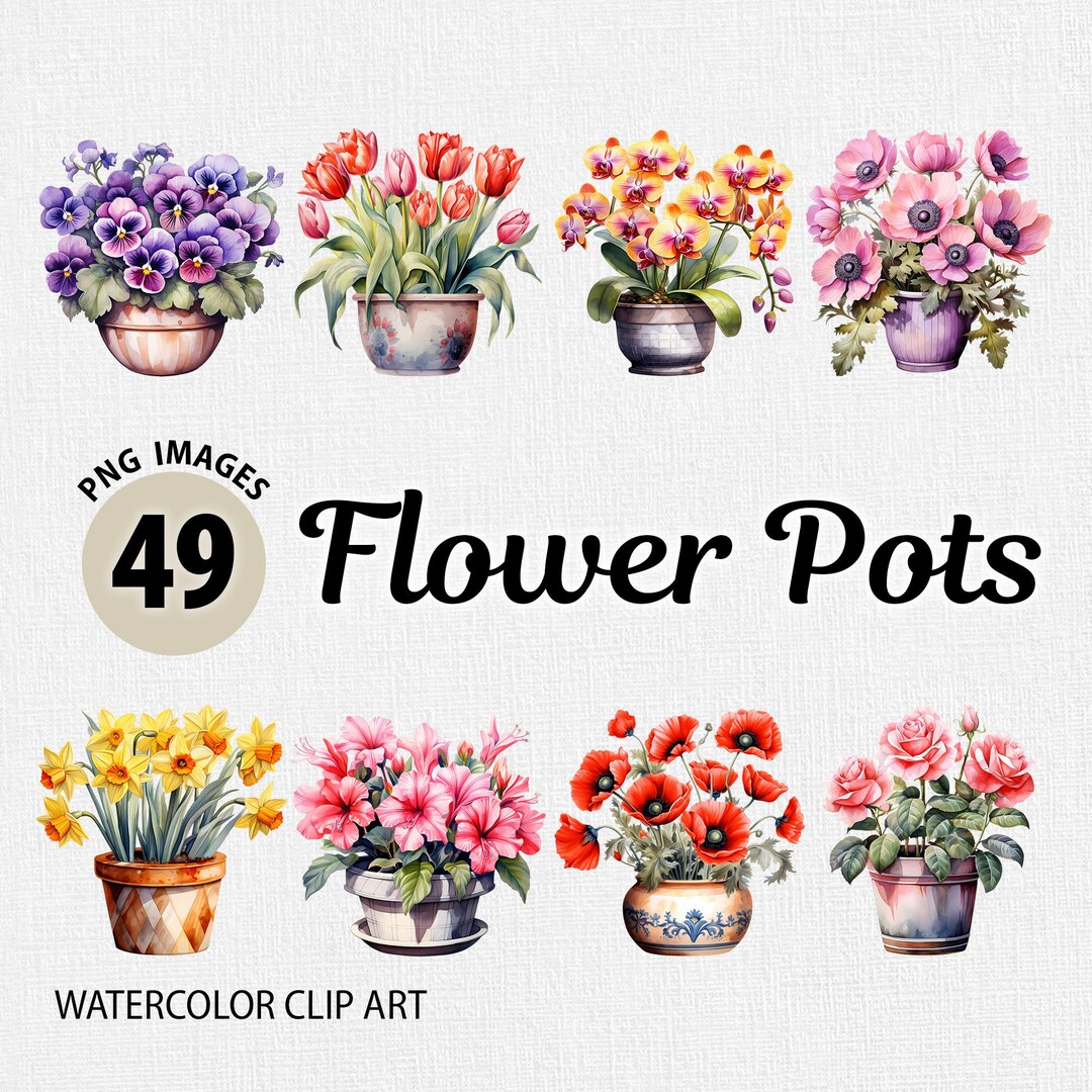 Watercolor Flower Pots PNG Clipart Bundle, Plant Pot, Floral Clipart ...